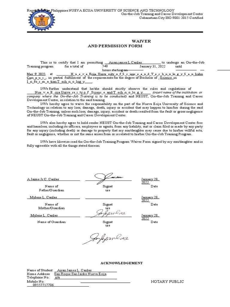 Waiver and Permission Form | PDF | Legal Concepts | Civil Law (Legal ...