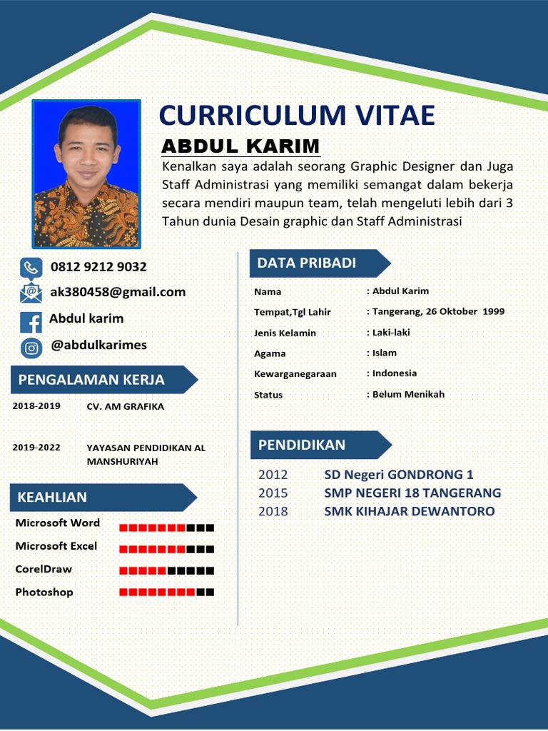 CV Abdul Karim: Desainer Grafis & Admin | PDF