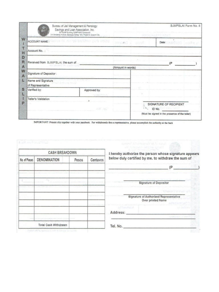 Withdrawal Slip For Dividend BJMPSlai | PDF