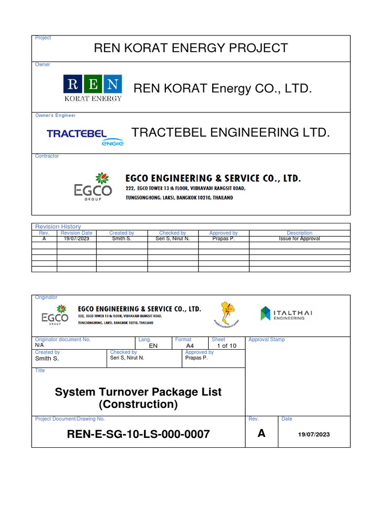 REN E SG 10 LS 000 0007 - System Turnover Package List (Construction ...