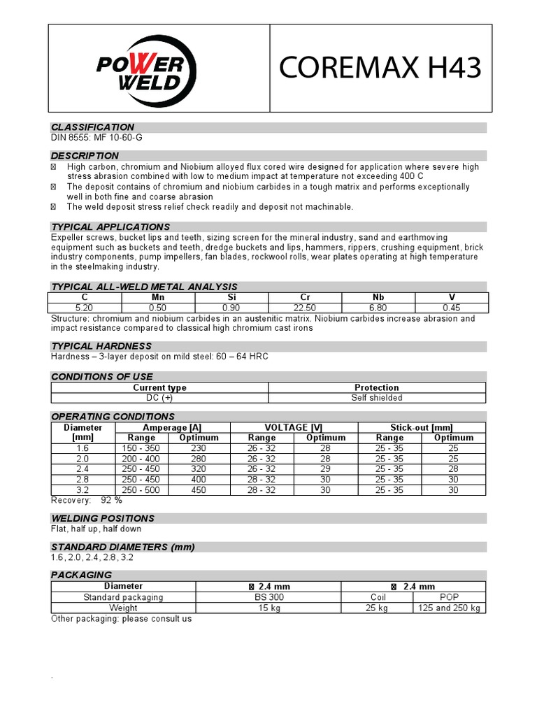 Coremax H43 | PDF | Steel | Chromium