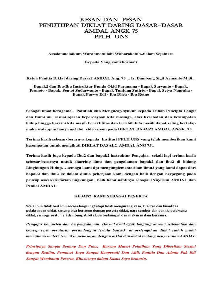 Kesan dan Pesan Diklat AMDAL Ang. 75 | PDF | Gaya Hidup