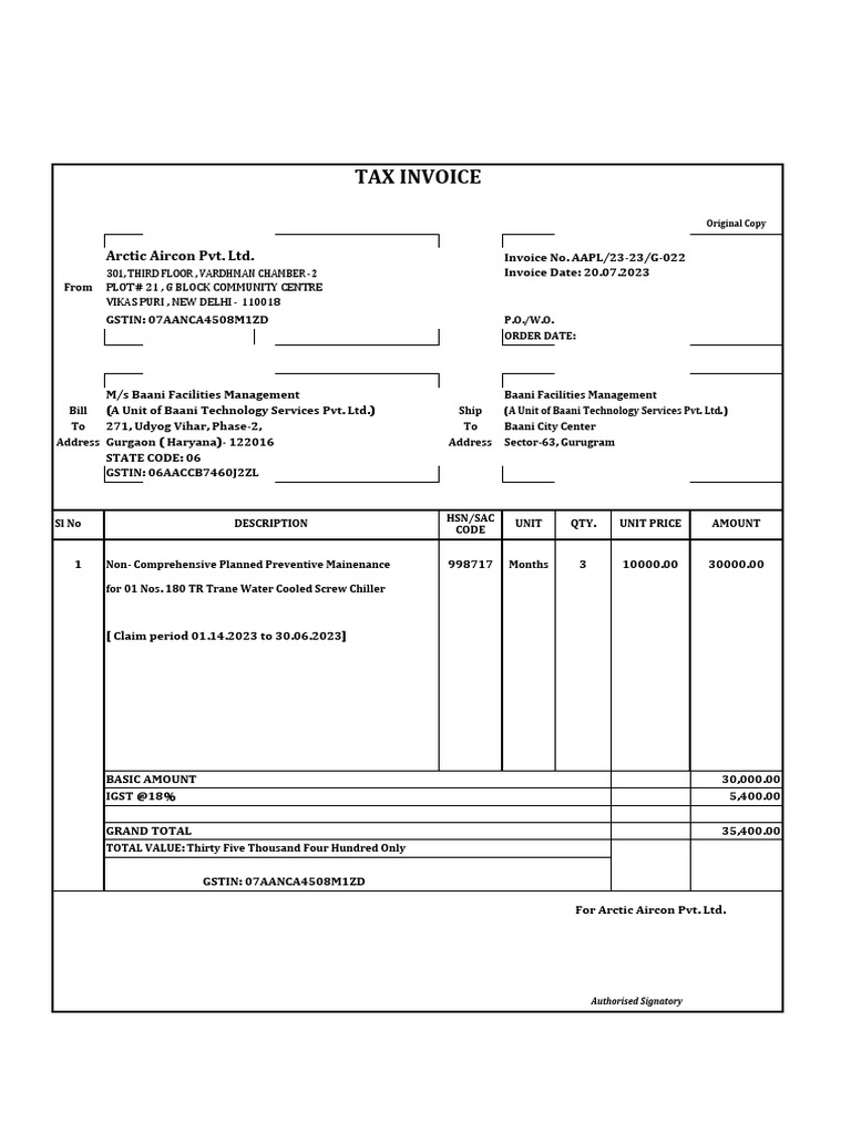 Tax Invoice - AAPL-23-24-G-022 Baani Sec-63 Gurgaon - AMC April-23 To ...