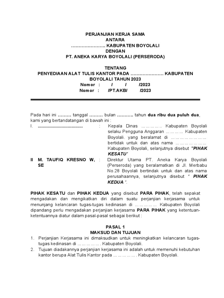 Contoh Kontrak Kerjasama Perdagangan Umum (ATK) 2023 | PDF
