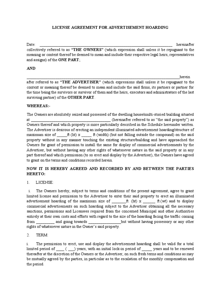 LICENSE AGREEMENT DRAFT For HOARDING ADVERTISEMENT | PDF | License ...