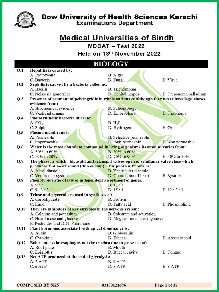 Sindh Mdcat 2022 Paper With Key | PDF
