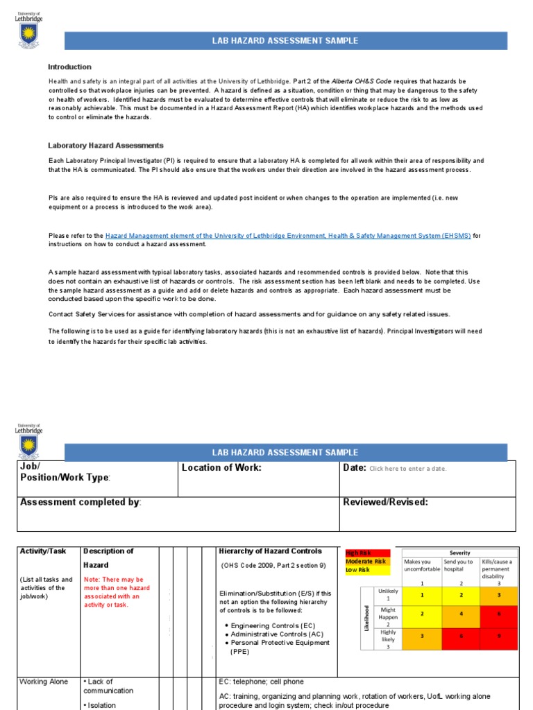 Lab Hazard Assessment Sample v1 | PDF | Personal Protective Equipment ...