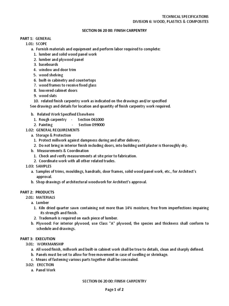 Section - 06 20 00 - Finish Carpentry | PDF | Cabinetry | Lumber