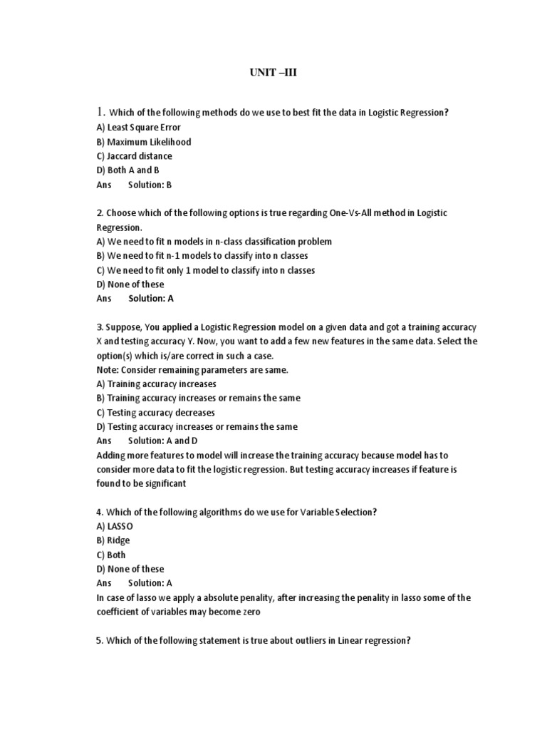 ML Unit 03 MCQ | PDF | Regression Analysis | Logistic Regression