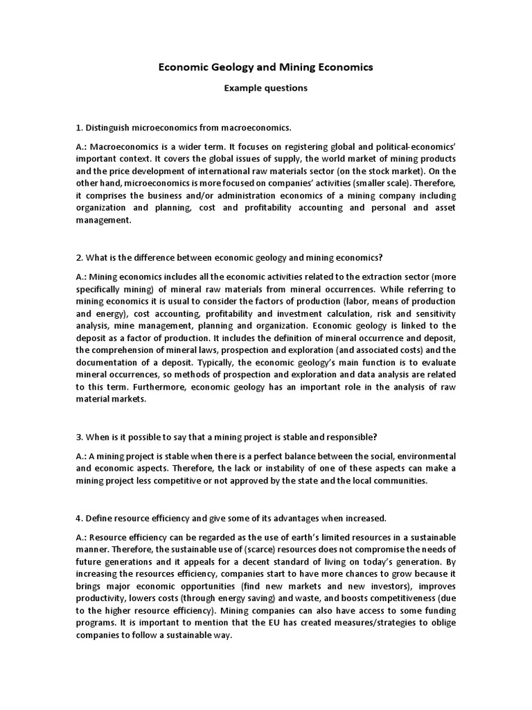 Economic Geology and Mining Economics: Example Questions | PDF | Net ...
