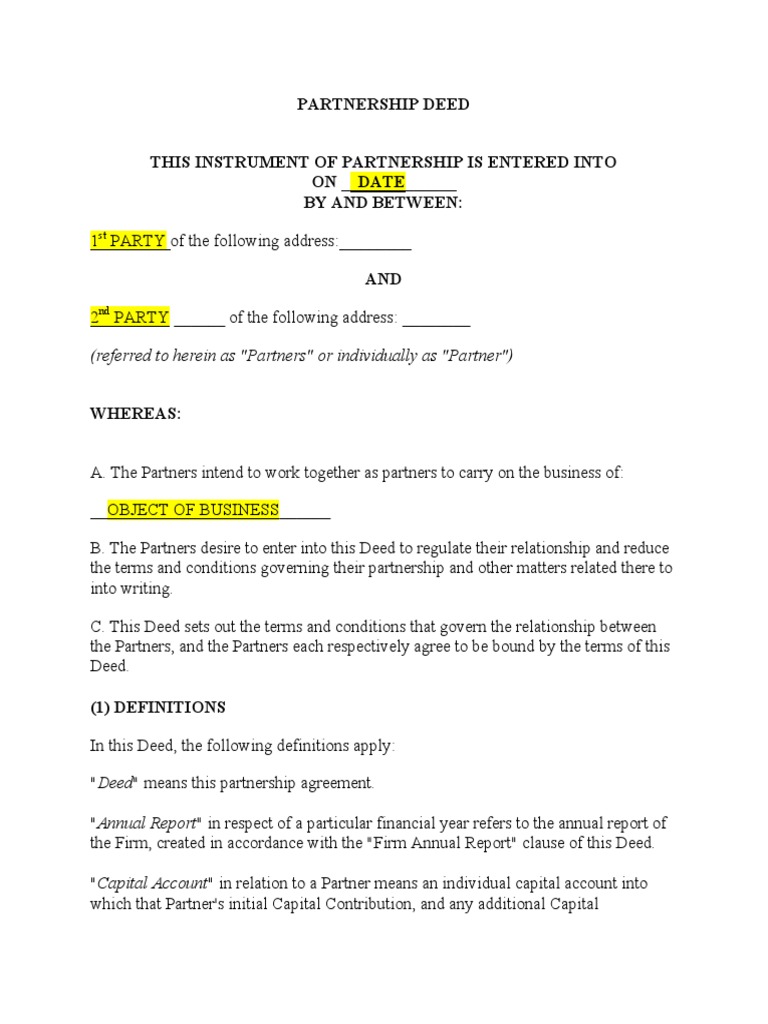 Partnership Deed Sample | PDF | Partnership | Indemnity