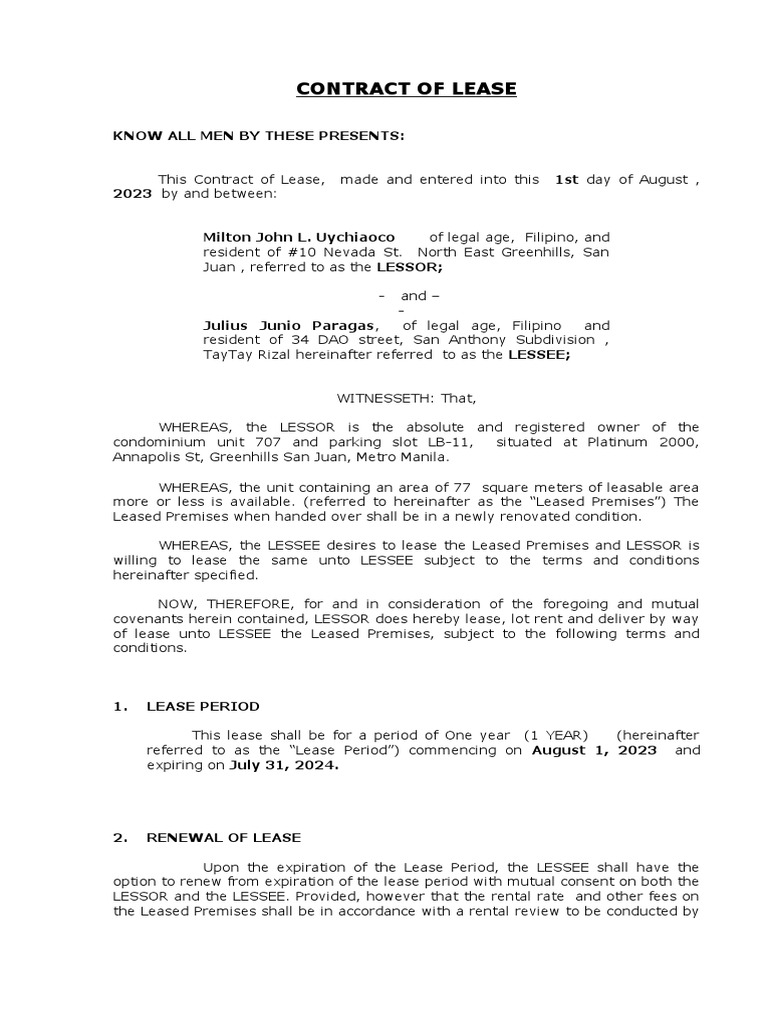 Lease Agreement for Condominium Unit | PDF | Lease | Breach Of Contract
