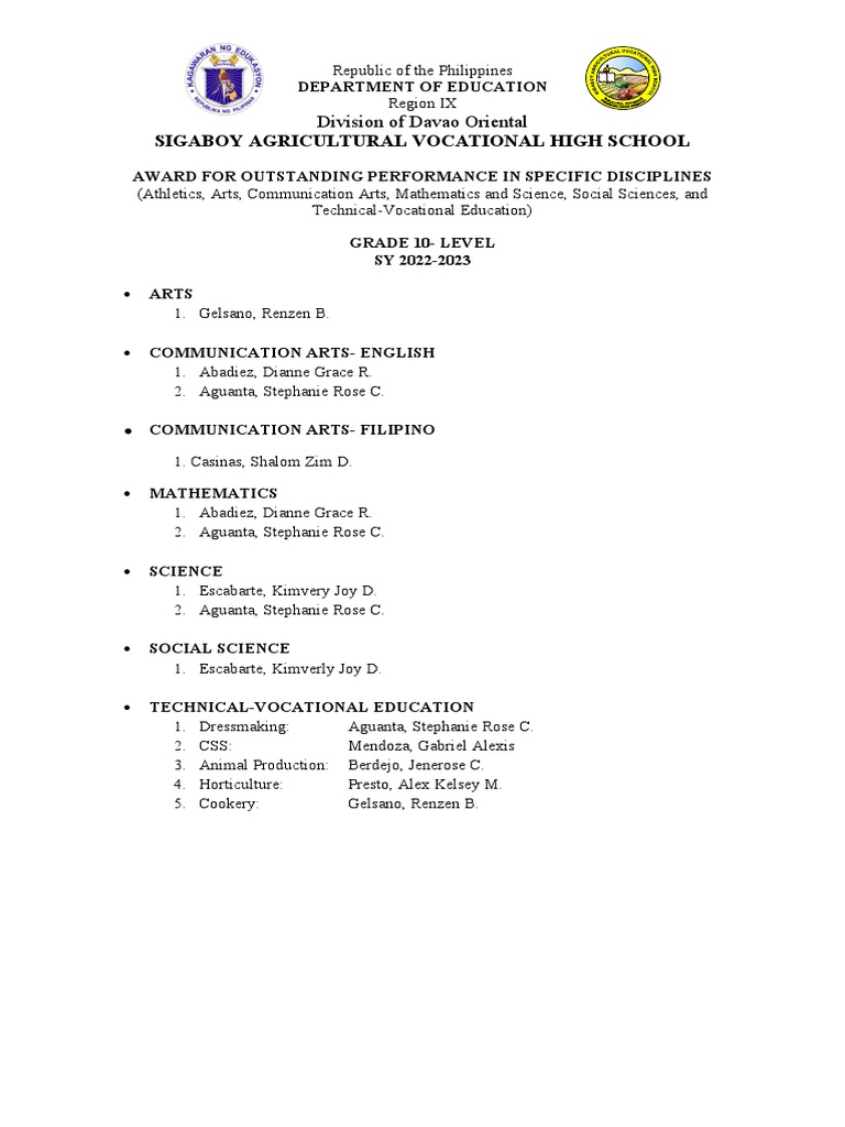 Award For Outstanding Performance in Specific Disciplines | PDF