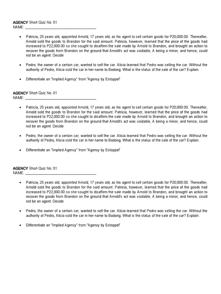 Agency Short Quiz 1 | PDF | Private Law | Common Law