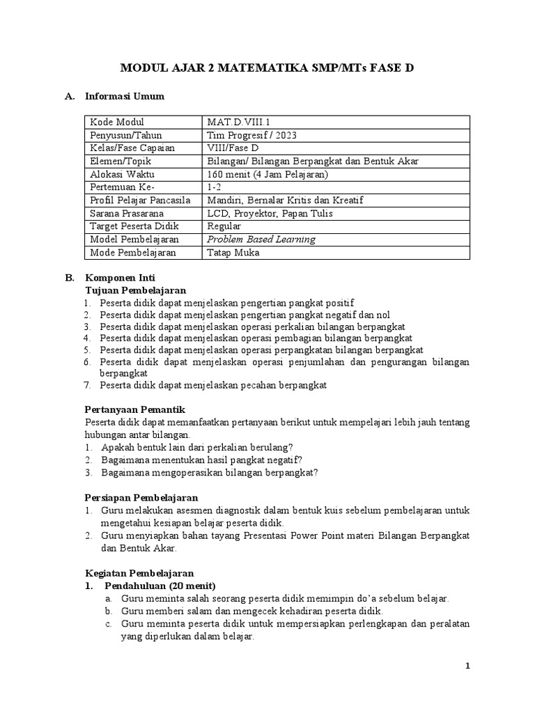 Modul Ajar Matematika SMP Kelas Viii Bab 1 | PDF