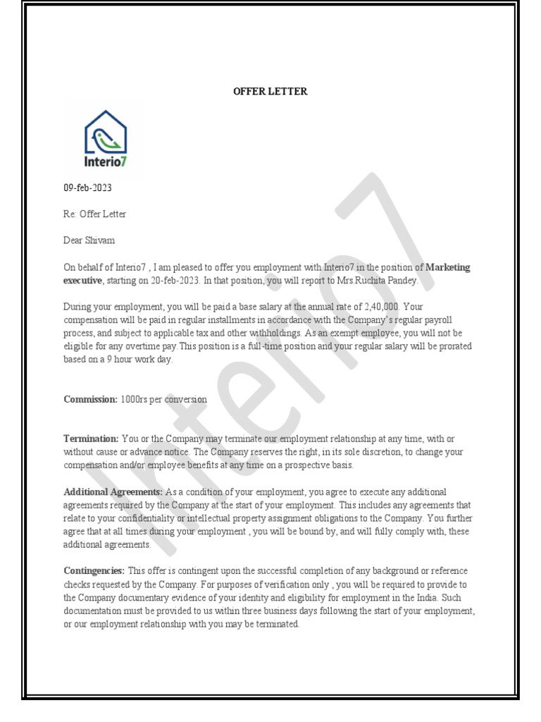 Job Offer Letter | PDF | Employment | Salary