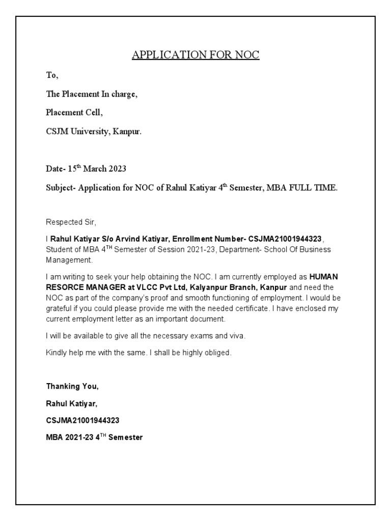 Application For Noc: To, The Placement in Charge, Placement Cell, CSJM ...