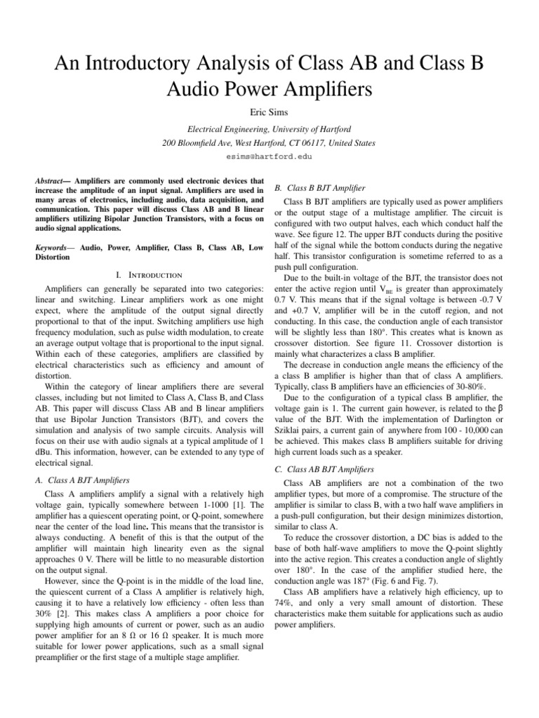 An Introductory Analysis of Class AB and | PDF | Amplifier | Bipolar ...