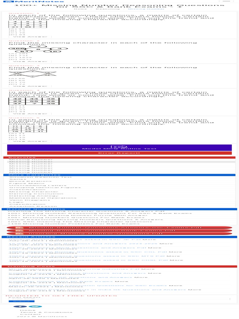 Meritnotes Com Reasoning Missing Number Puzzles 1 77570 | PDF ...