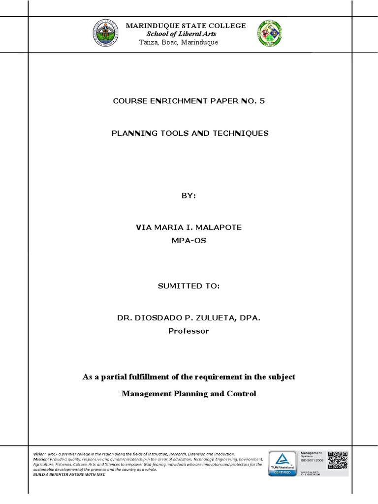 Enrichment Paper No. 5 PLANNING TOOLS AND TECHNIQUES | PDF | Strategic ...