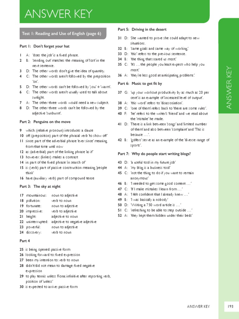 b2 First Vol1 Answer Key | PDF | Verb | Adjective