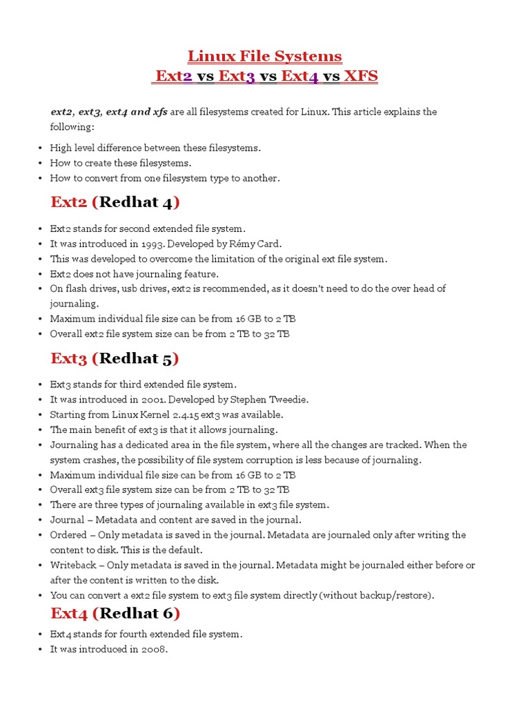 Linux File System - Ext2 Vs Ext3 Vs Ext4 Vs XFS | PDF | File System ... Linux File System - Ext2 Vs Ext3 Vs Ext4 Vs XFS | PDF | File System ...