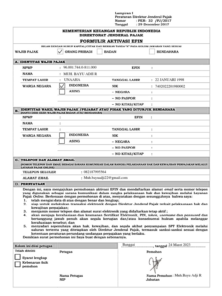 Formulir Aktifasi EFIN (Muh Bayu Adji R) | PDF
