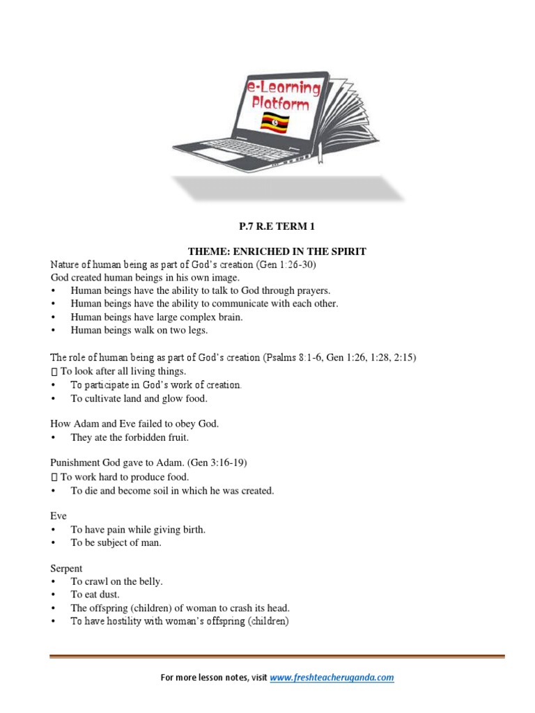 P.7 Christian Religious Education Lesson Notes Term I | PDF | Prayer | Wife