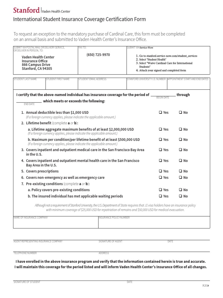 International Student Insurance Coverage Certification Form 0 0 | PDF ...