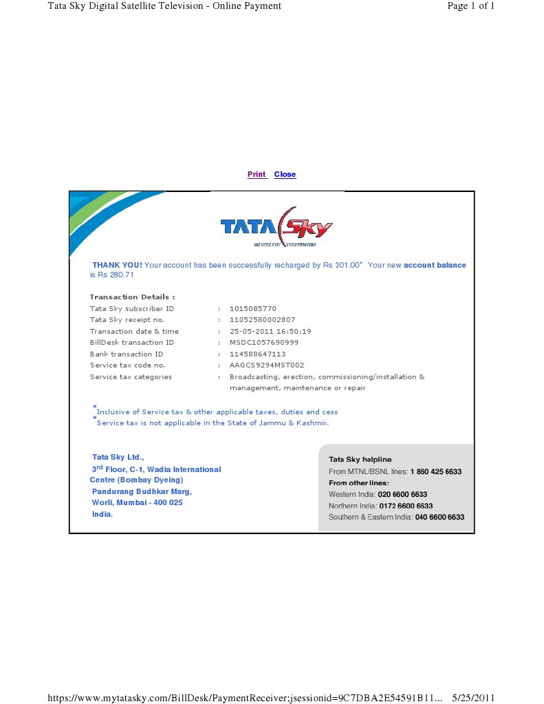 Tata Sky Recharge Confirmation Notice | PDF | Business | Finance ...