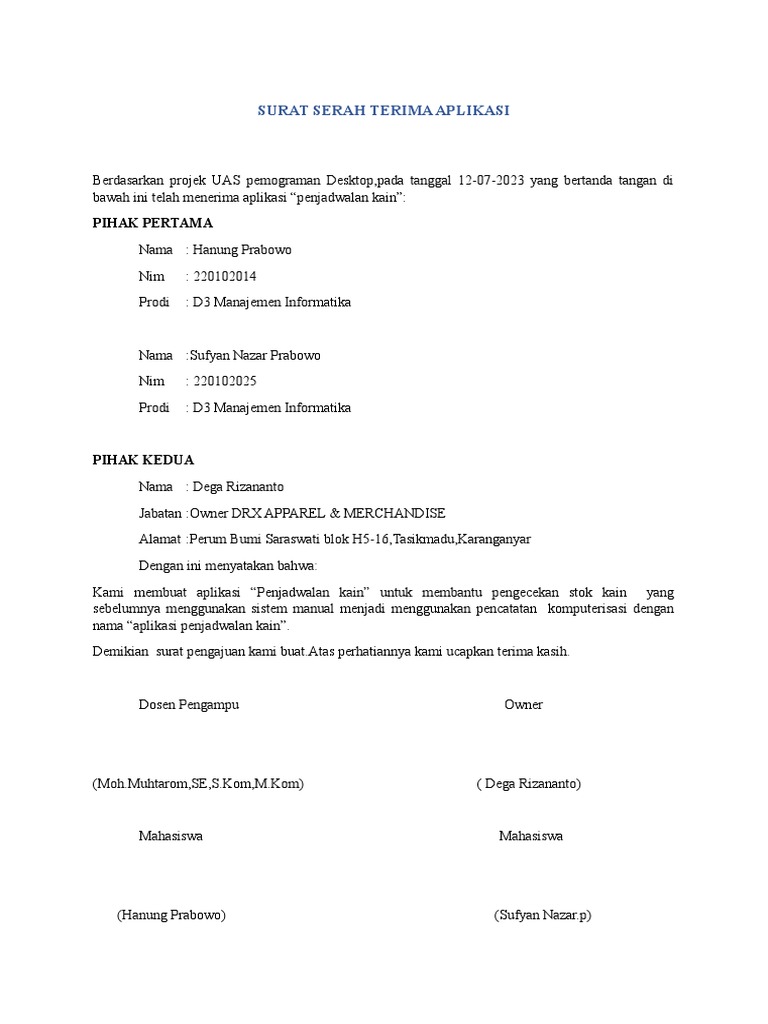 Contoh Surat Serah Terima Aplikasi | PDF