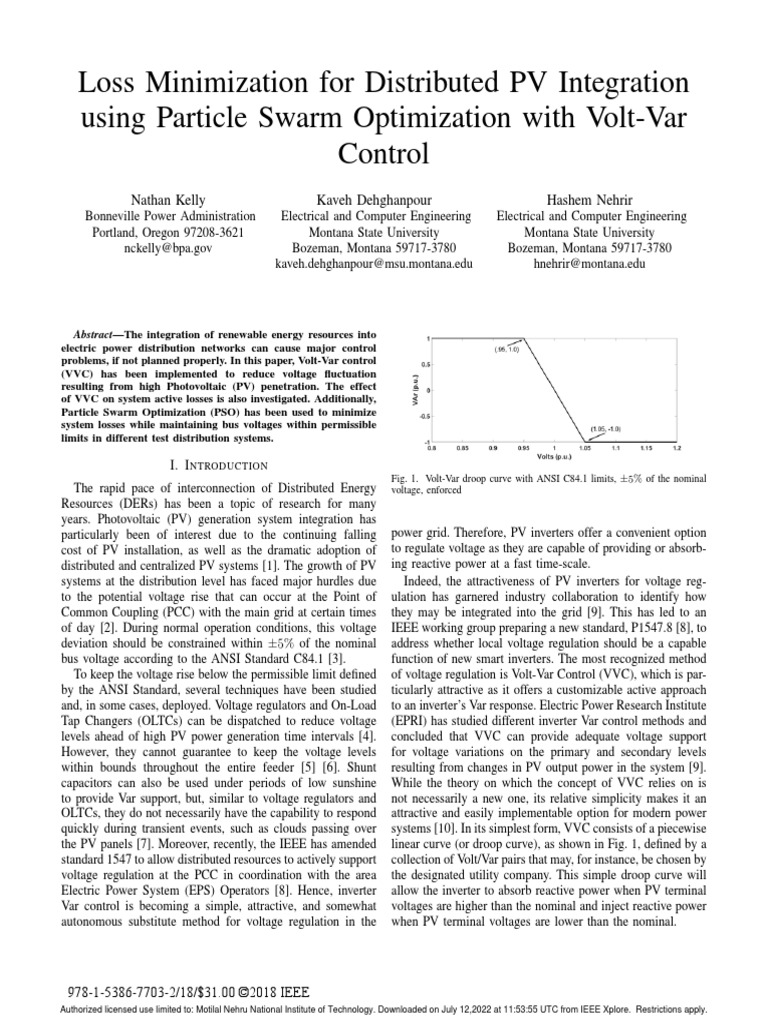 Loss Minimization For Distributed Pv Integration Using Particle Swarm Optimization With Volt Var