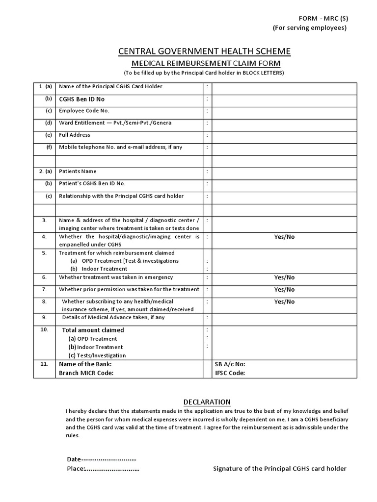 CGHS Medical Reimbursement Form for Employees | PDF | Health Care ...