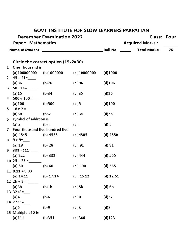 Class 4 Maths Examination Paper 2022 | PDF | Teaching Methods & Materials