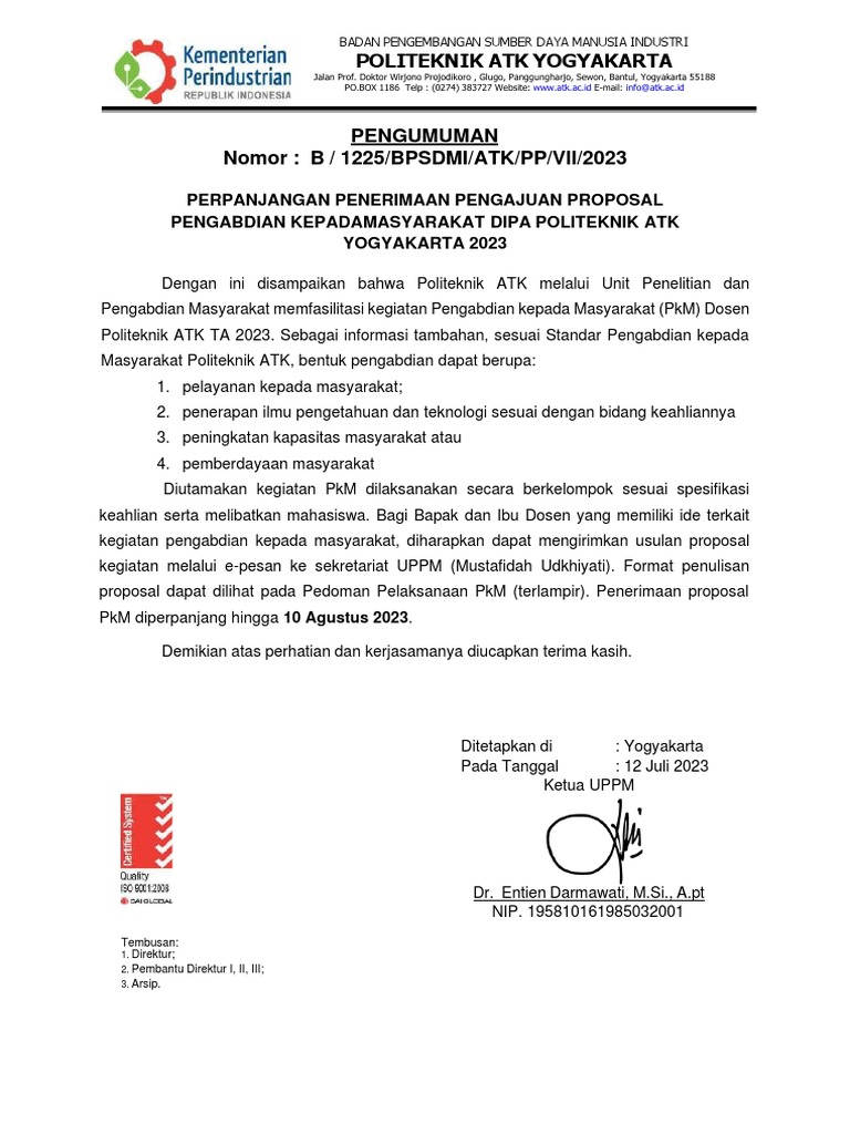 Surat Pengumuman Perpanjangan Waktu Penerimaan Proposal PKM 2023 | PDF