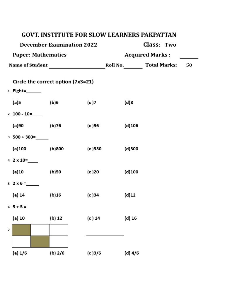 Class Two Math December Test 2022 | PDF