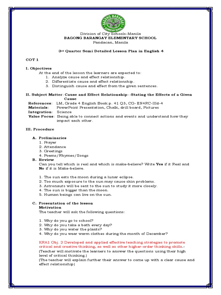 COT1 - English 4 - Joyce T. Pablo | PDF | Teachers | Causality