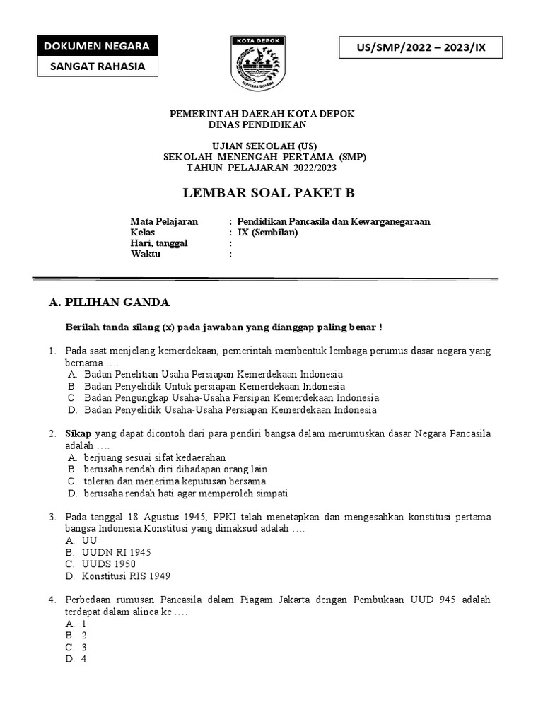 Paket B - Soal - Us - PPKN - TH 2022 - 2023 | PDF