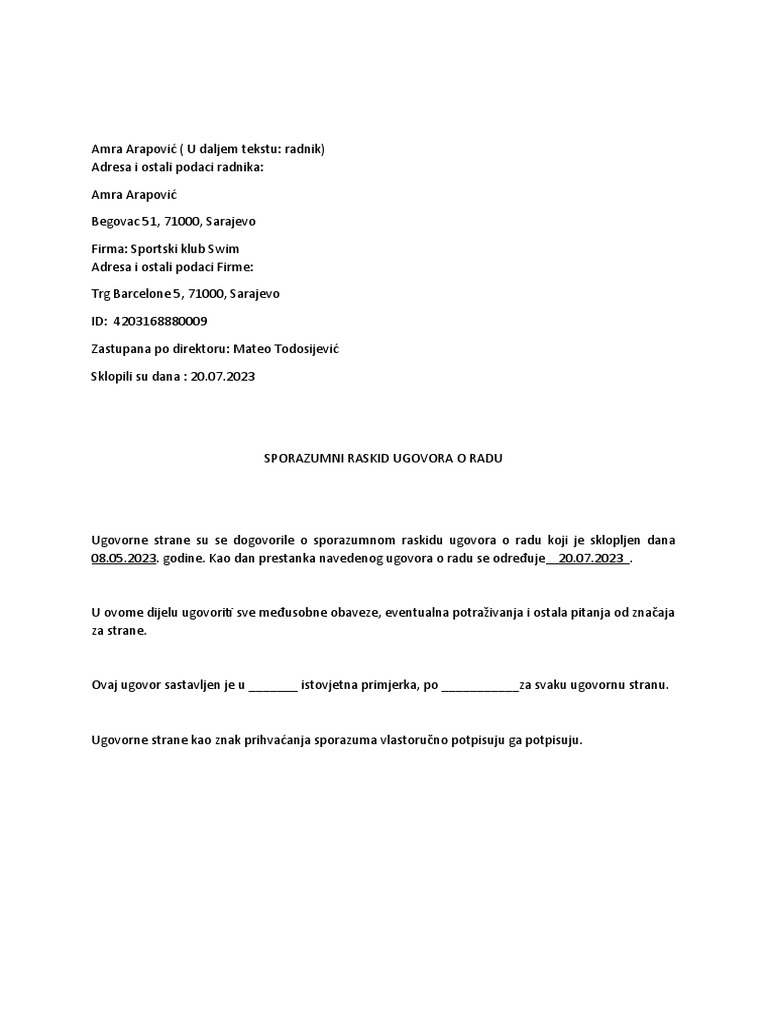 Primjer Sporazuma o Raskidu Ugovora o Radu | PDF