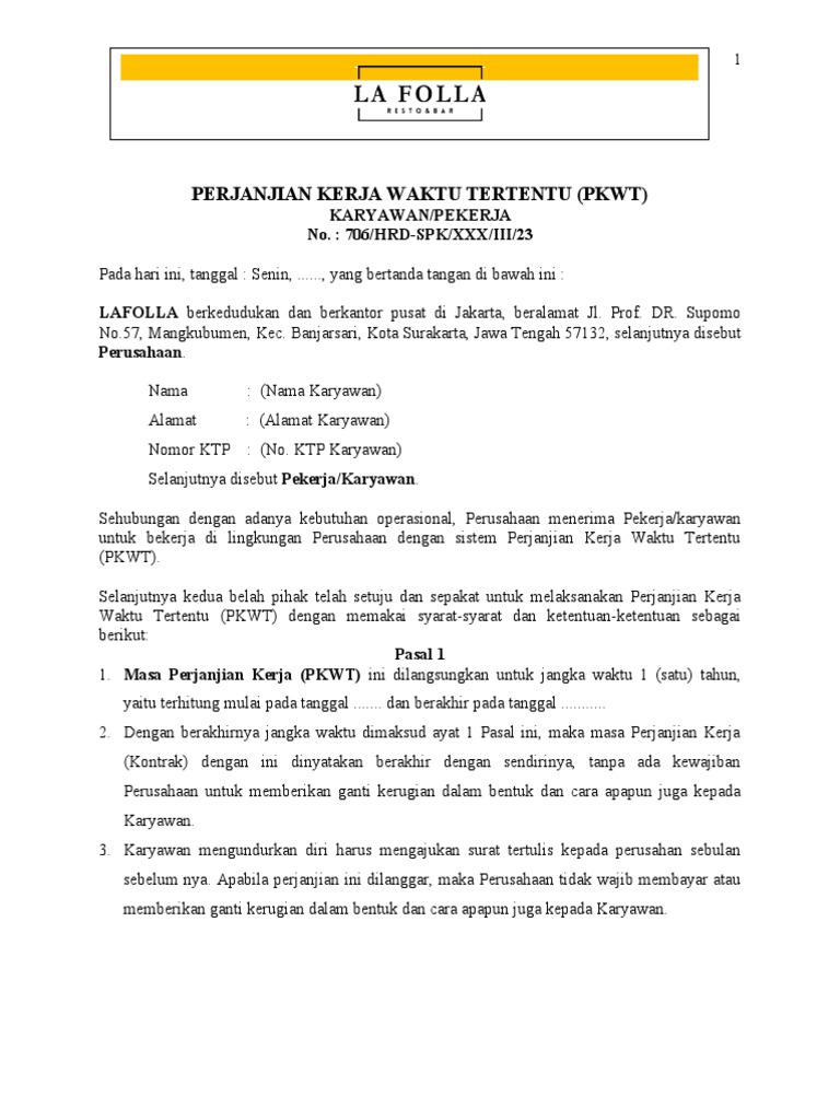 Contoh Kontrak Kerja (PKWT) | PDF | Hukum