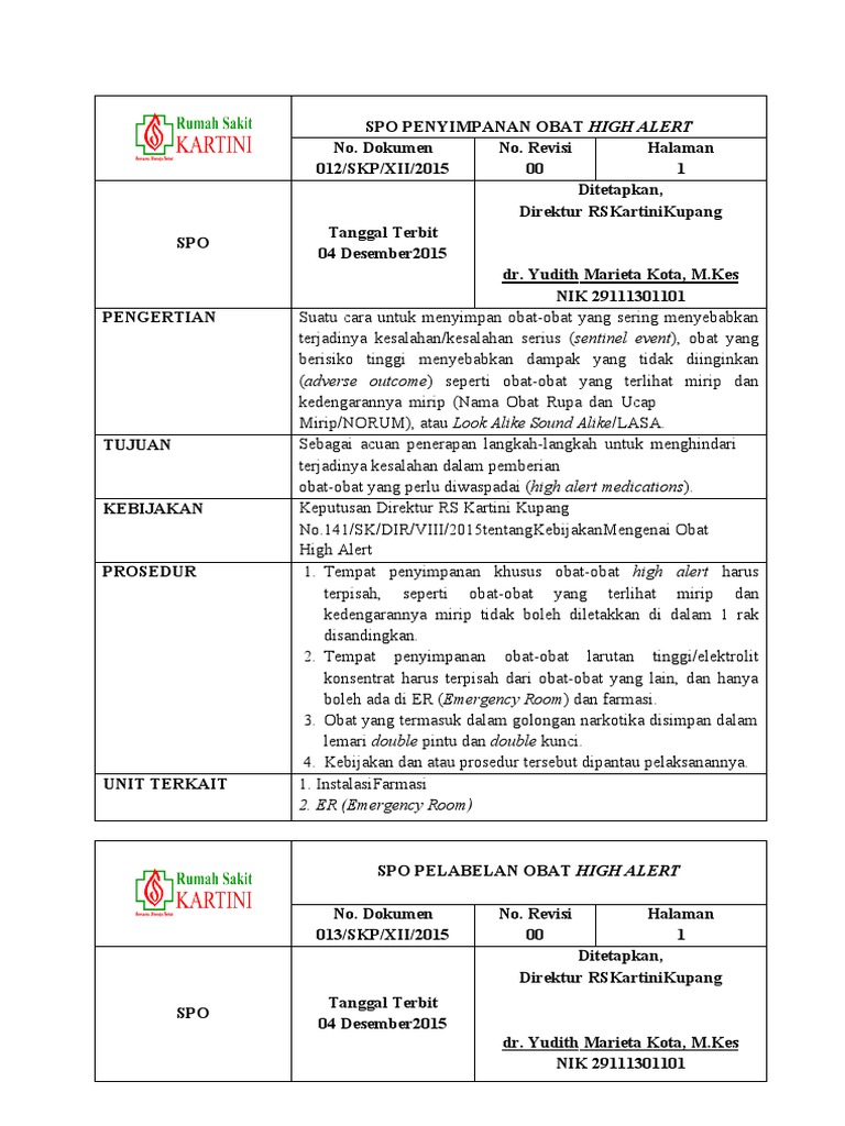 Sop PENYIMPANAN - Dan - PELABELAN - OBAT - HIGH - ALERT | PDF