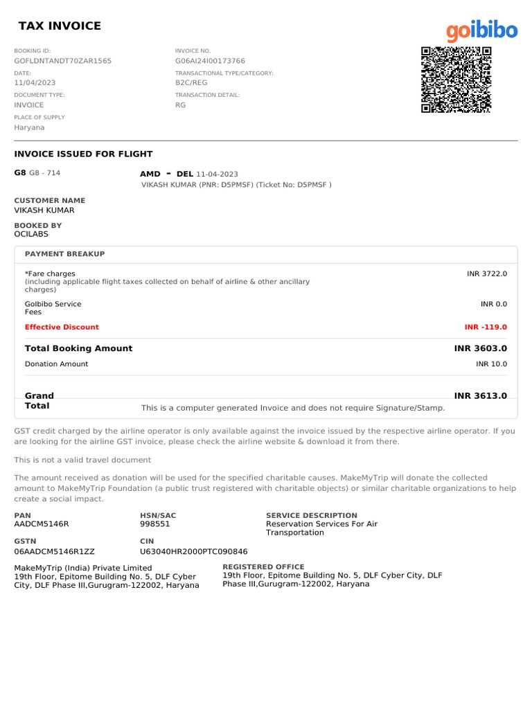 Gofldntandt70zar1565 Booking Invoice | PDF | Invoice | Taxes