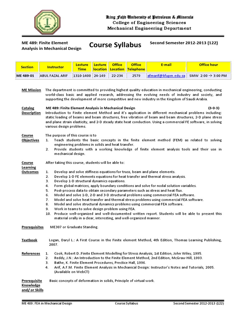 me-489-syllabus-pdf-finite-element-method-mechanical-engineering