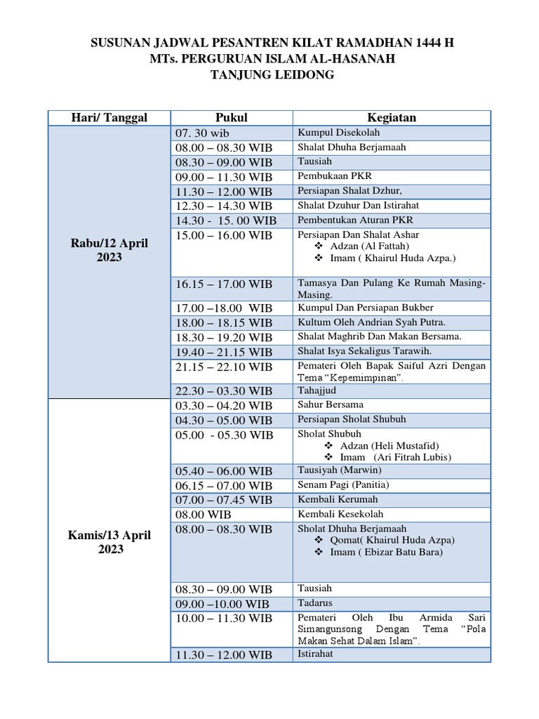 Susunan Jadwal Pesantren Kilat Ramadhan 1444 H | PDF