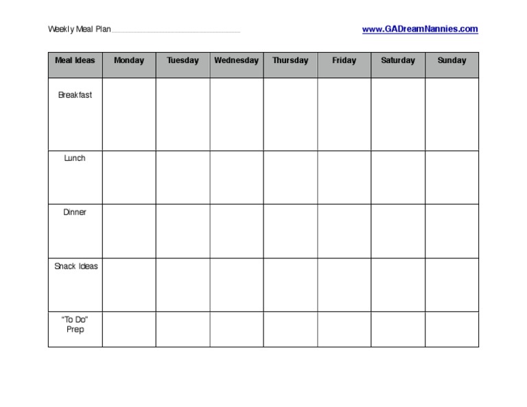 Weekly Meal Plan for Nannies | PDF | Self-Improvement