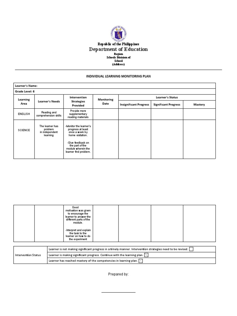 11 Individual Learning Monitoring Plan | PDF | Learning | Reading ...