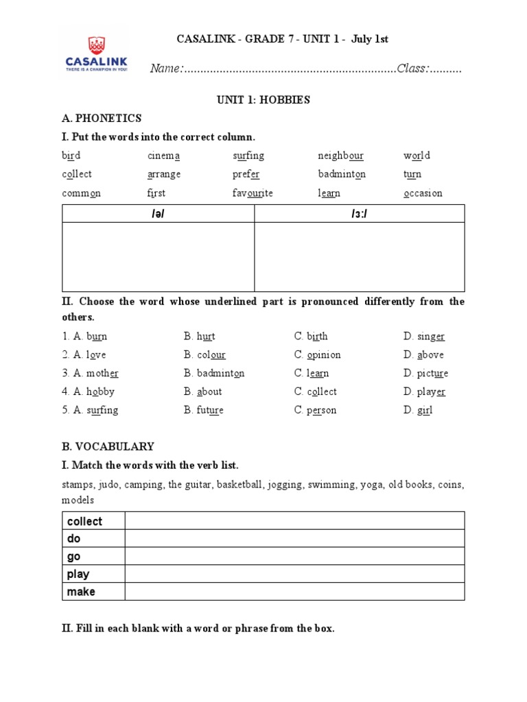 Lesson 1 - 2 Unit 1 - Hobbies | PDF | Hobbies | Vegetables