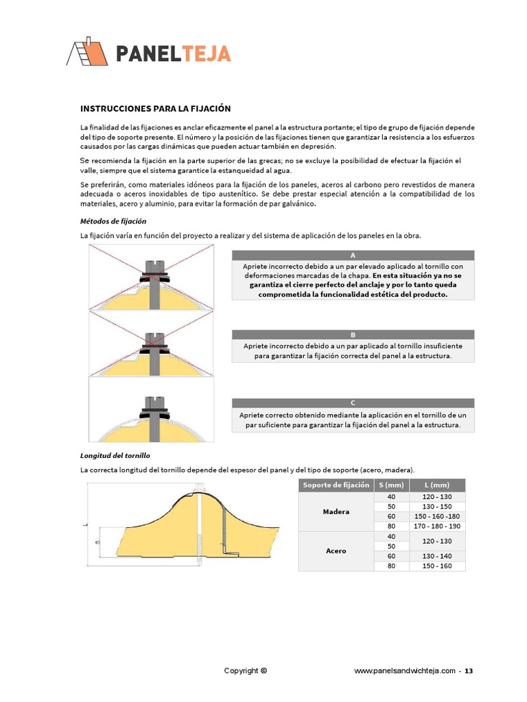 Instrucciones Montaje Panel Sandwich Teja | PDF | Tornillo | Materiales