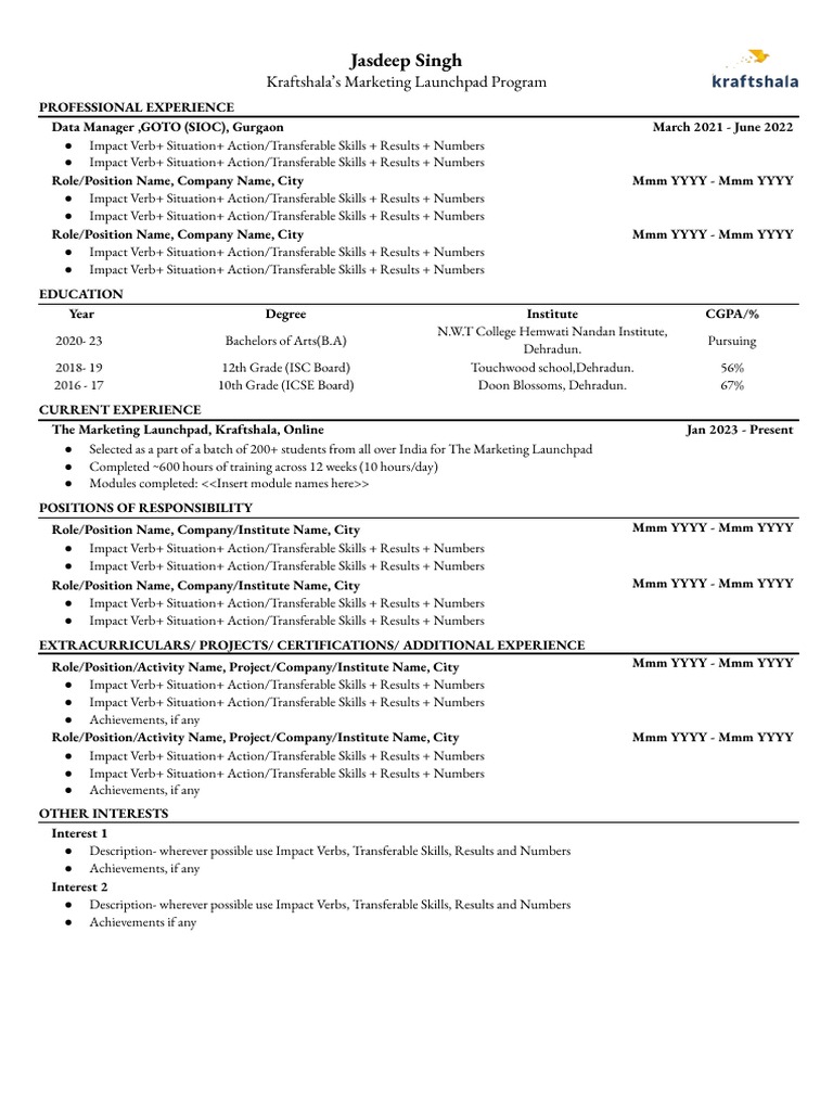 Jasdeep Singh Kraftshala Resume CV | PDF | Qualifications | Vocational ...