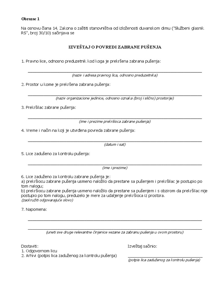 PUSENJE IZVESTAJ Obrazac - 1 | PDF
